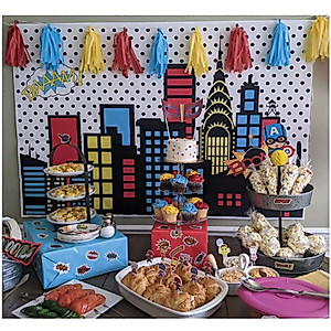 Art Studio 8x6ft Superhero Super City Photography Backdrops Skyline Buildings City Boom Photo Background Children Birthday Party Banner Photo Studio Booth Cake Table Decor