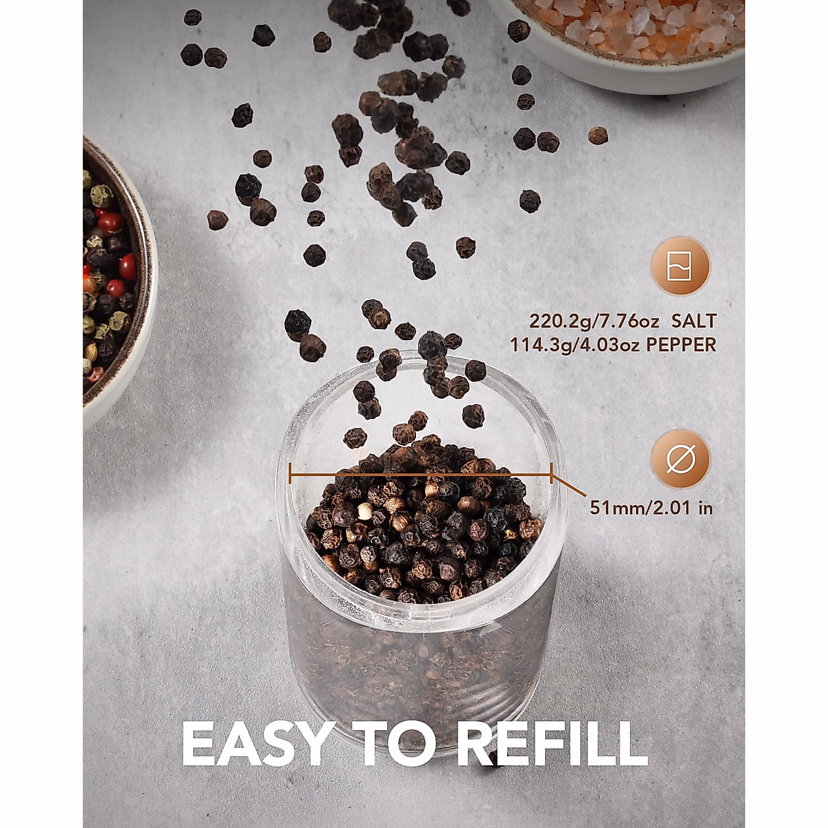 Sangcon Gravity Electric Salt and Pepper Grinder Set, Battery Salt and Pepper Mill Set with Dust Cover, 8 Oz Large Capacity Automatic Pepper Shaker with Light，Adjustable Coarseness, 2 Pack (Black)