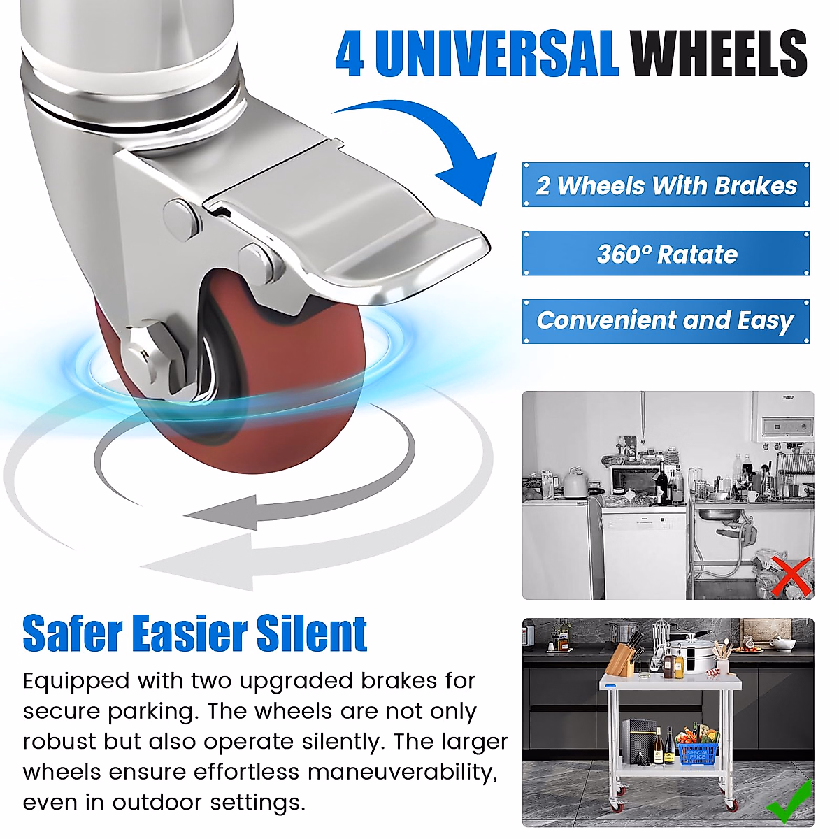 KUARBARR Stainless Steel Table for Prep & Work with 4 Caster Wheels with Undershelf 18 x 24 NSF Metal Commercial Kitchen Prep Table with Adjustable Under Shelf Worktable for Restaurant Home Outdoor