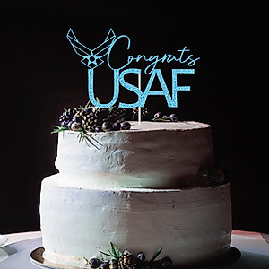 MFULHUBA Congrats USAF Cake Topper, Air Force/Army/Military Theme Retirement/Graduation Party Decoration, Airmen/Soldier Veteran's Day Cake Decors, Blue Glitter