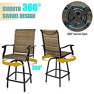 Bigroof 3 Piece Patio Bar Sets, with 2 Outdoor Bar Swivel Stools with High Back & Armrest and 1 Square Table with Umbrella Hole (Set of 3)