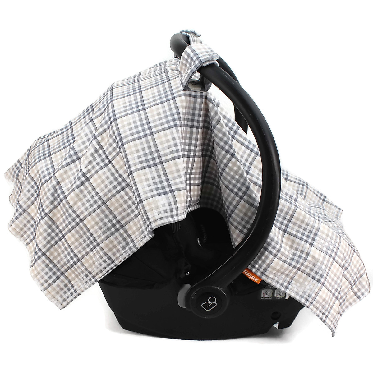 Dear Baby Gear Deluxe Reversible Car Seat Canopy, Custom Minky Print, Fish on Grey/Grey Tan Plaid