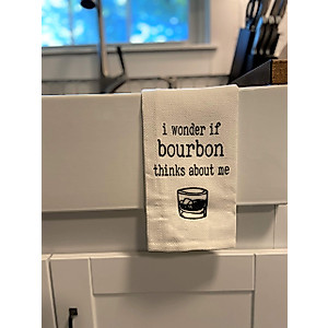 I Wonder If Bourbon Thinks About Me Tea Towel | Dish Towels with Funny Bourbon Whiskey Sayings are Perfect for Home, Bar, or Kitchen | Funny Gift for Old Fashioned Cocktail Lovers
