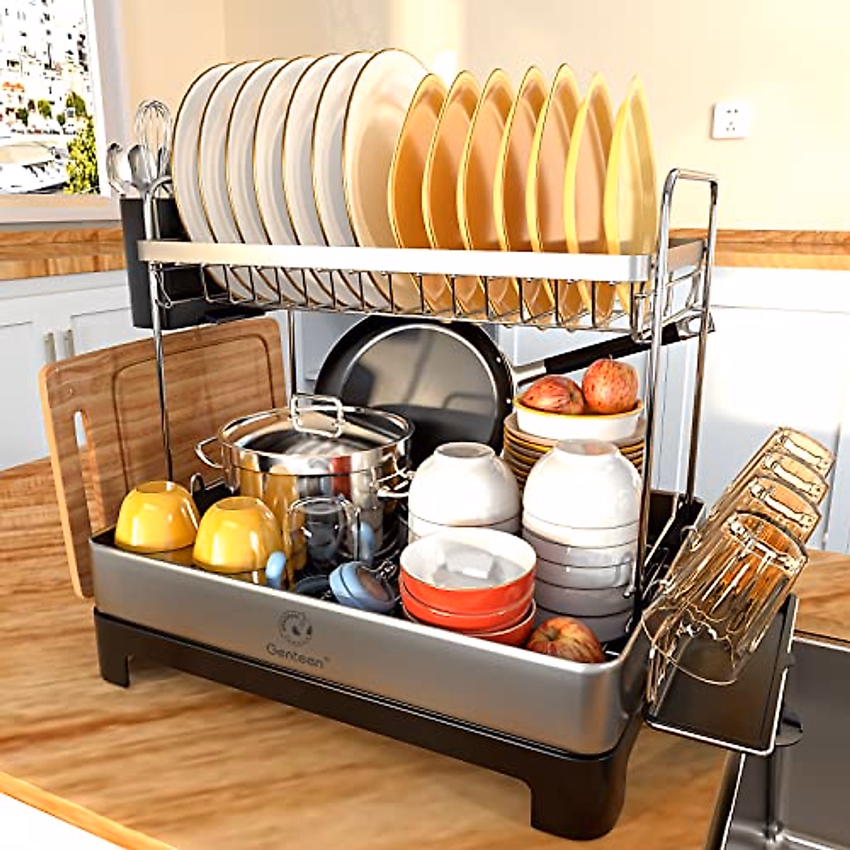 Genteen Dish Drying Rack, 2 Tier Large Rack with Drainboard 304 Stainless Steel for Kitchen Counter Swivel Spout, Utensil Holder, Cup