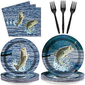 Gone Fishing Party Plates Napkins Gone Fishin' Dinnerware Fishing Themed Tableware for Fishing Tournament Birthday Party Disposable Paper Plates Napkins Party Decorations Supplies Favors 24 Guests