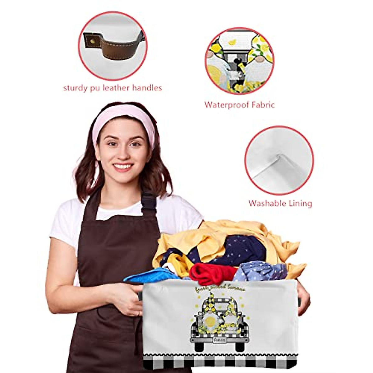 Cube Storage Bins Cloth Towel Organizer Picked Lemons Cartoon Gnome Truck Black and White Plaid Fabric Collapsible Storage Baskets with Handles for Home Office Closet Shelves Toy Nursery 1 Pack