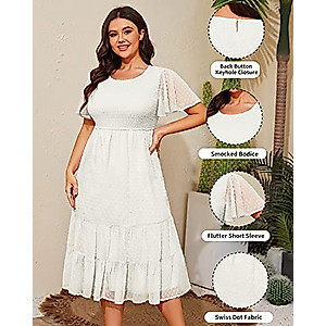 White Plus Size Summer Dress Casual Graduation Bridal Shower Midi Short Sleeve Swiss Dot Tiered Flowy Smocked Dresses