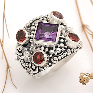 NOVICA Artisan Handmade .925 Sterling Silver Amethyst Garnet Cocktail Ring Large Silver with Sterling Purple Red Indonesia Birthstone Balinese Traditional 'Royal Balinese'