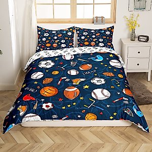Football Bedding Sets Basketball Baseball Rugby Reversible Comforter Cover Set for Boys Teens Ball Sports Duvet Cover Soccer Football Game Volleyball Bedspread Cover Full Size,Soft Kids Room Decor