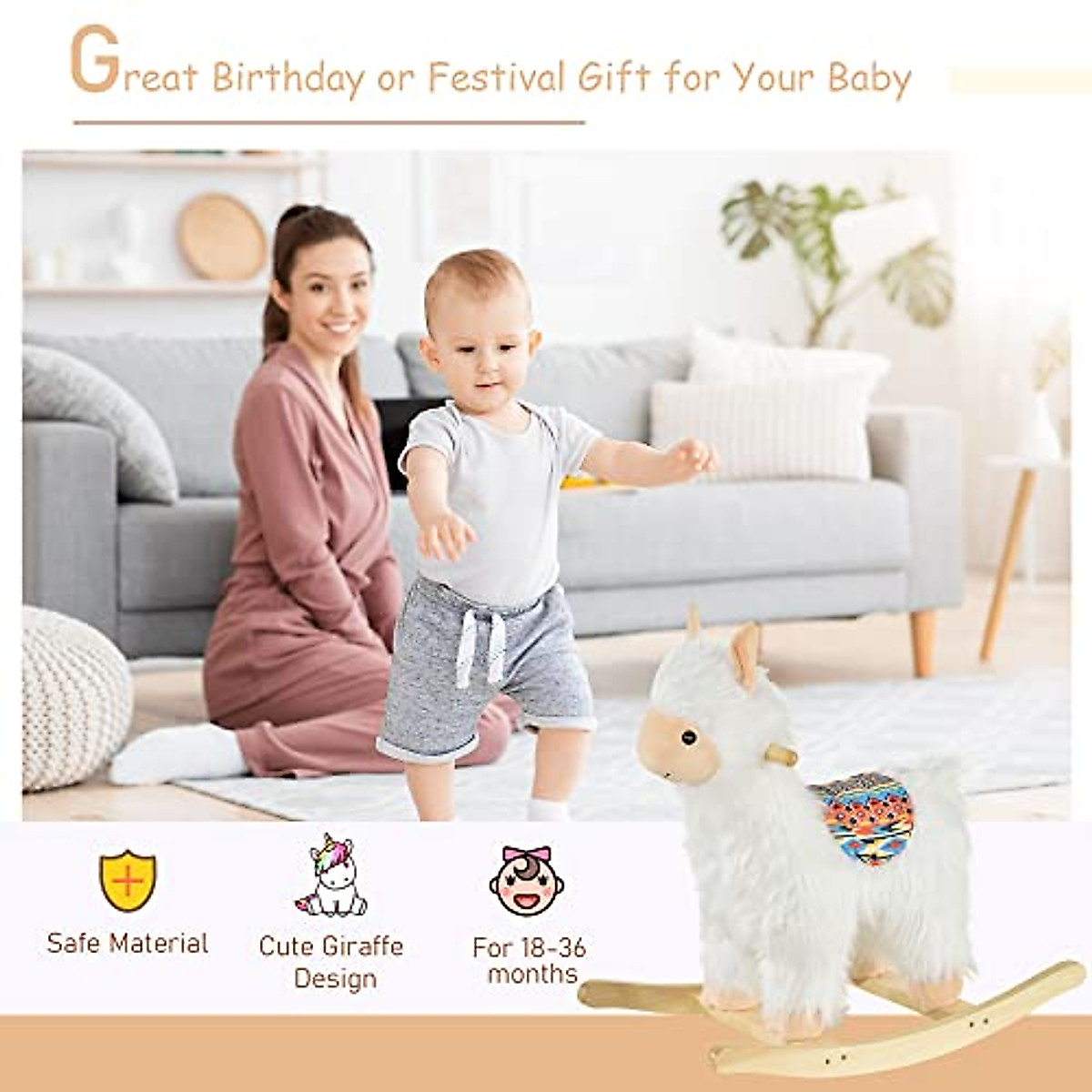 Qaba Kids Ride-On Rocking Horse Toy Llama Style Rocker Soft Plush Fabric for Children 18-36 Months