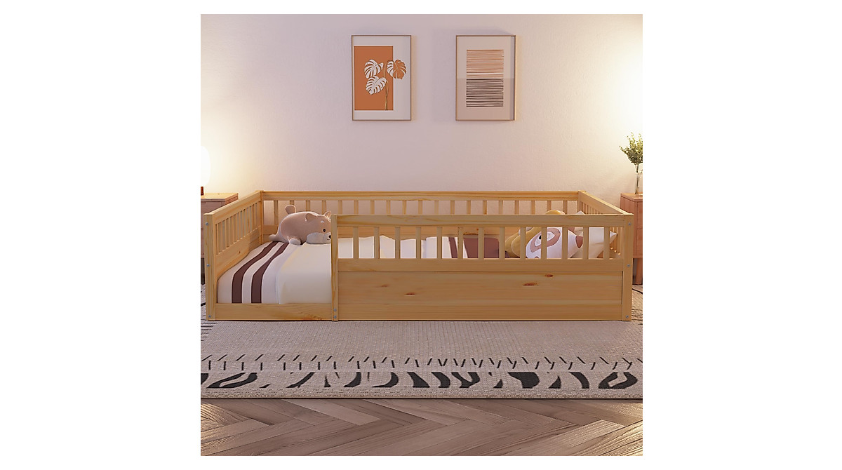 KEIKI Natural Full Floor Bed Frame for Kids Safety & Style