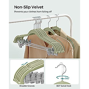 SONGMICS 30-Pack Pants Hangers and 50-Pack Clothes Hanger Bundle, Velvet Hangers with Adjustable Clips, Non-Slip, and Space-Saving, Pale Green UCRF012GR30 and UCRF021GR50