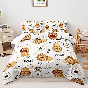AILONEN Kids Lion Comforter Set Twin Size, 3 Pieces Kawaii Bed in a Bag,Cute Lion Kids Bedding Set for Boys Girls,Cartoon Animal Pattern Quilt with 2 Pillowcases