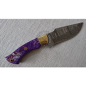 NA-1 Royal Knife Custom Hand Made Damascus Steel Bowie Knife With Multi Purple Resin Handle Material Hand Made Fixed Blade Survival Knife With Leather Sheath (R K 002)