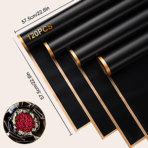 120 Pcs Gold Edge Flower Wrapping Paper, Pure Color Translucent Waterproof Bouquet Wrapping Paper Florist Paper for Bouquets Gift Wedding DIY Crafts Packaging(Black)