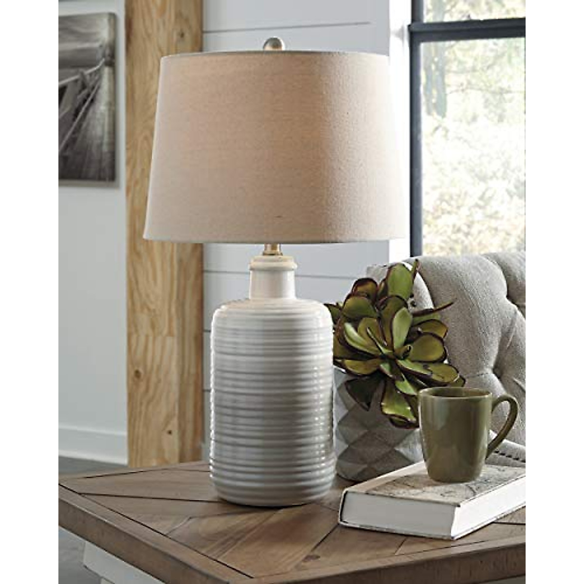 Signature Design by Ashley Marnina 25.5" Neutral Ceramic Table Lamp Set, 2 Count, Taupe