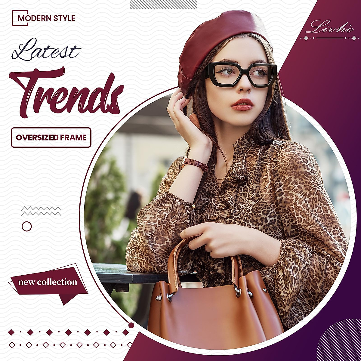 livho 3 Pack Blue Light Glasses Women Men Oversized Fashion Computer Bluelight Blocking Thick Frame Eyeglasses Anti Eyestrain (A1 Black/Dark Green/Leopard)