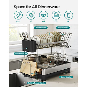 SONGMICS Dish Drying Rack - 2 Tier Dish Rack for Kitchen Counter with Rotatable and Extendable Drain Spout, Dish Drainer with Utensil, Cup, Glass, Cutting Board Holders, Black UKCS032B01
