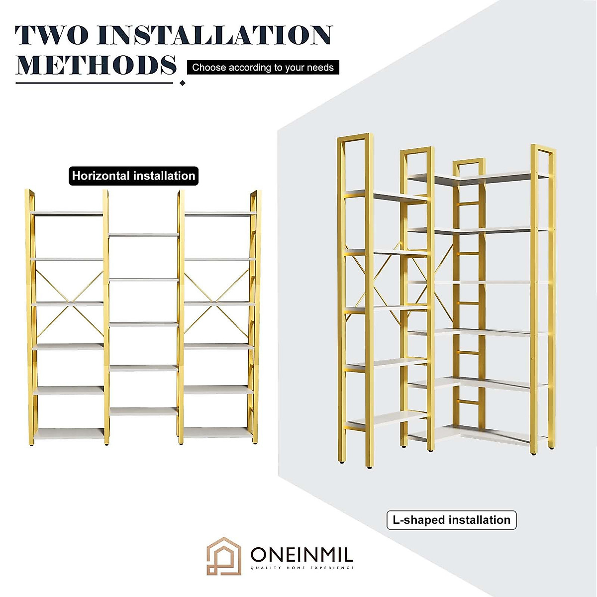 oneinmil Triple Wide 6-Shelf Bookcase Industrial Vintage Wood Style Large Open Bookshelves for Home&Office, Rustic Brown (6 Tier, White/Gold)