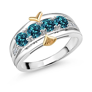 Gem Stone King 1.37 Ct Round London Blue Topaz 925 Silver and 10K Yellow Gold 4-Stone Lab Grown Diamond Band Ring (Size 7)