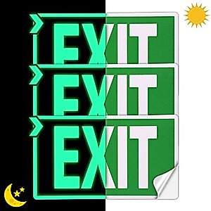 EXIT Signs Glow In The Dark EXIT Decals 3 Pack 12"x7" EXIT Photoluminescent Signs Stickers, Glows For Up To 8 Hours