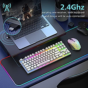 Wireless Gaming Keyboard and Mouse Combo,Rainbow Backlit 87 Keys Membrane Keyboard,2.4GHz Rechargeable 4000mAh Keyboard Mouse, Dual-Head USB&Type C Receiver for PC/Smart Phone/Laptop/Tablet/PS4(White)