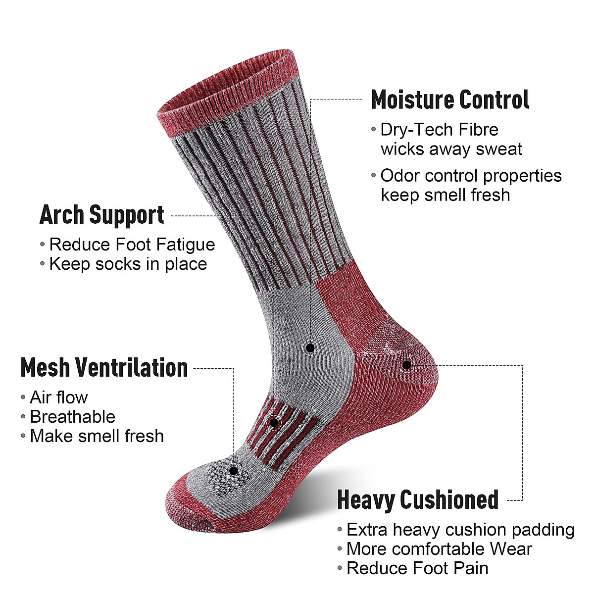 ECOEY Men's Merino Wool Cushioned Hiking Trekking Crew Socks 4 Pairs, Middle Calf Length with Moisture Wicking (Wine, US Shoe Size: Men 9.5-11.5/Women 11-13)