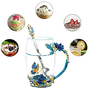 DasyFly Birthday Gifts For Women,Butterfly Flower Glass Tea Cup Sky Blue Rose Coffee Mug For Women Mom Wife Sister Coworker Female Friend on Anniversary Valentines Mothers day Christmas Presents