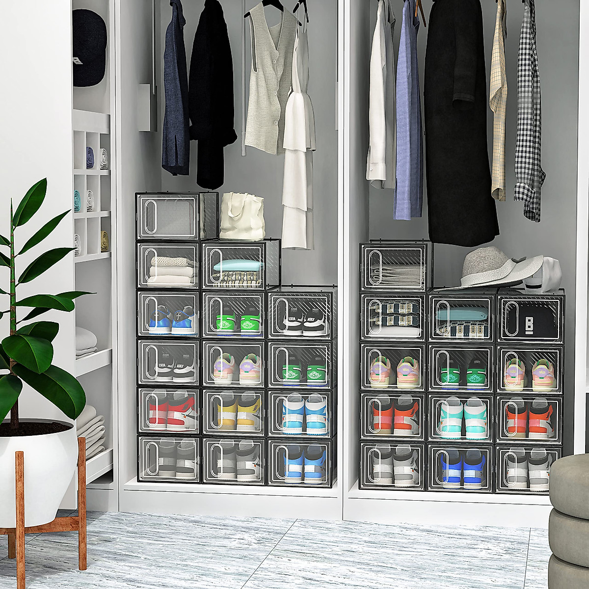 Hrrsaki XX-Large 12 Pack Shoe Storage Boxes, Shoe Boxes Clear Plastic Stackable, Shoe Organizer Boxes with Lids, Shoe Container Boxes for Closet, Black