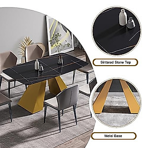 Modern Kitchen Dining Table, 63" Rectangular Sintered Stone Tabletop Dining Table with Gold Carbon Steel Table Legs, Kitchen Table Dining Room Table for Dining Room Living Room, Black(Without Chairs)