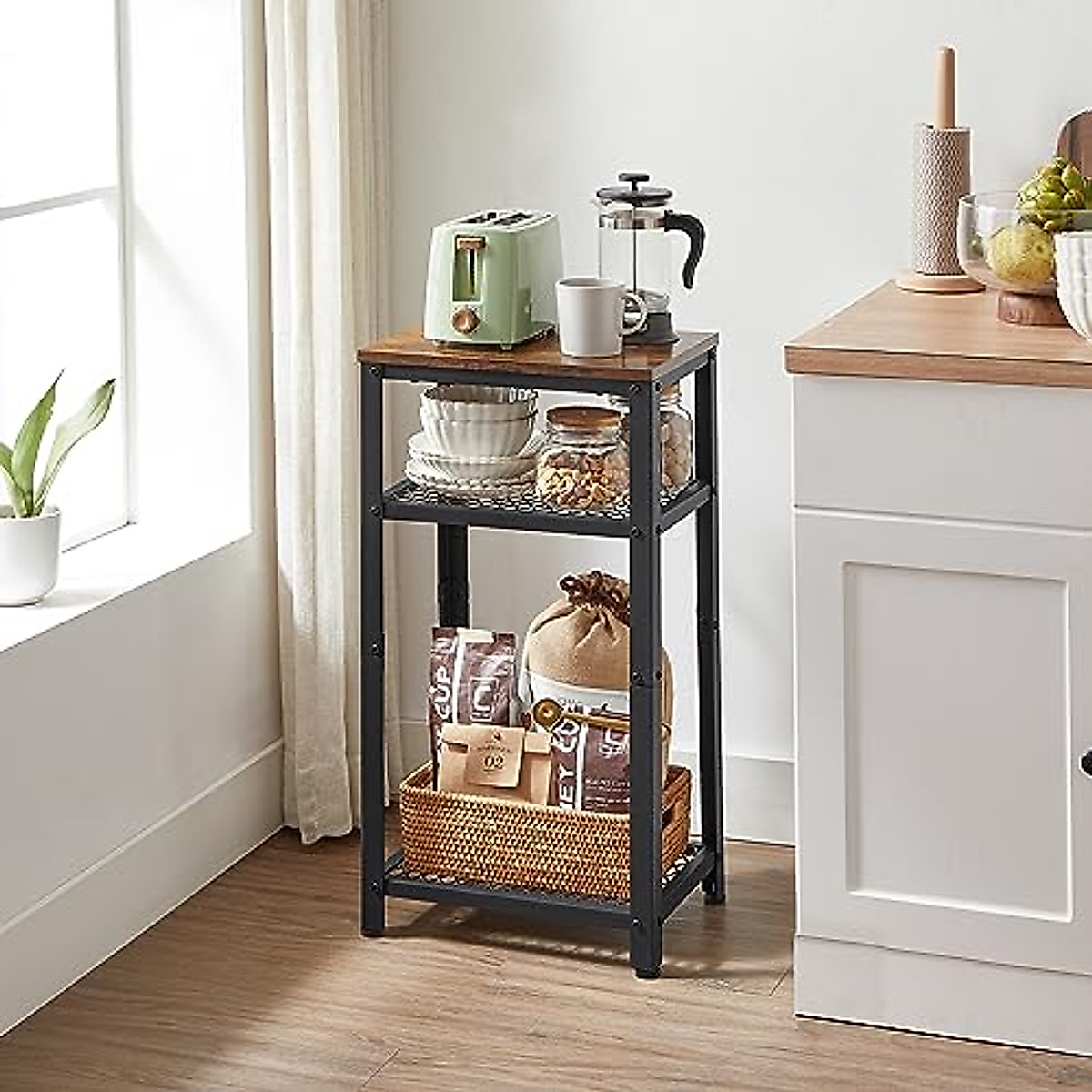 VASAGLE Tall Side Table, Telephone Table, End Table with 2 Mesh Shelves, for Living Room, Bedroom, Home Office, 11.8 x 15.7 x 29.5 Inches, Rustic Brown and Black ULET75BXV1