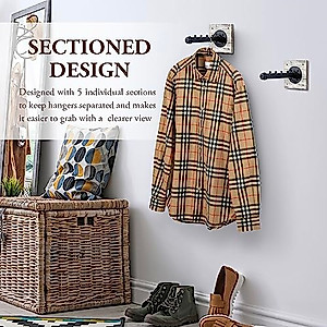 MyGift Wall Mounted Shabby White Washed Wood and Industrial Matte Black Metal Pipe Valet Bar, Clothing Hanger Rack with 4 Garment Hanging Hooks, Set of 2