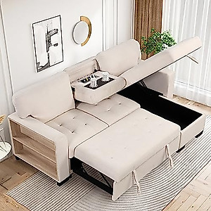 L-Shaped Pull Out Sleep Sofabed,Modern Reversible Sleeper Sectional Sofa Chenille Upholstered Tufted Sofa&Couch with Storage Chaise, Drop-Down Table, Cup Holders, Charging Ports,Power Sockets, Racks