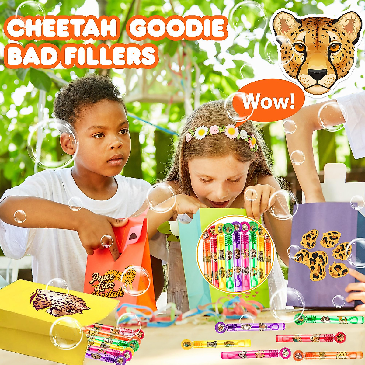 24PCS Cheetah DIY Bubble Wands Party Favors 96PCS Stickers for Goodie Bag Fillers Pinata Stuffers, Mini Bubble Bulk Birthday Party Supplies Toys Gifts Class Prizes for Toddlers Boys Girls