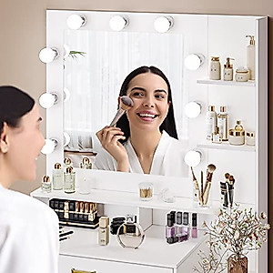 Xilingol Vanity Desk with Mirror & Lights, 37" Vanity Set with Mirror and Stool, Modern Makeup Table W/ 2 Drawers & Cabinet, Vanity for Makeup Room, Bedroom, White