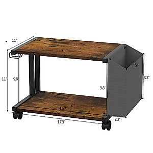 VEDECASA 2 Tier Rustic Brown Wooden Under Desk Printer Stand with Storage Bag for Home Office Desktop Printer Table Organizer Mobile Printer Shelf Cart with Caster Wheel