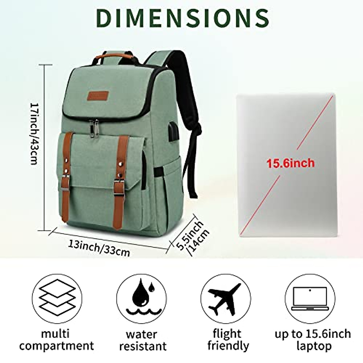 zalupri Work Laptop Backpack for Women and Men, 15.6 inch Computer Travel Backpacks for Working Stylish Teacher Backpack Casual Daypack laptop Bag with USB Charging Port, Green