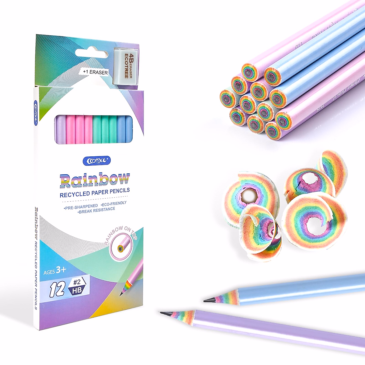 ECOTREE Eco-friendly Wood & Plastic Free Rainbow Recycled Paper #2 HB Pencils For School and Office Supplies, Pre-sharpened,12-Pack