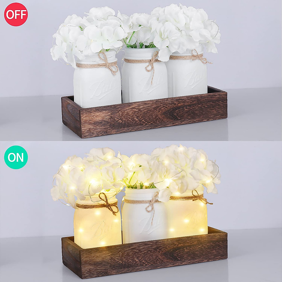 Waenerec Mason Jar Lighted Centerpiece Table Decorations Wood Tray with White Hydrangea Artificial Flowers Rustic Country Farmhouse Mason Jars Decor for Coffee Table Dining Room Living Room Kitchen