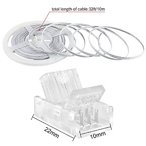 RGBZONE 𝟰 𝗣𝗶𝗻 𝟭𝟬𝗺𝗺 𝗟𝗘𝗗 𝗦𝘁𝗿𝗶𝗽 𝗖𝗼𝗻𝗻𝗲𝗰𝘁𝗼𝗿 𝗞𝗶𝘁 32.8ft 4 Pin RGB Extension Wire and 5 Pcs 4 Pin LED Strip to Wire Connectors for 10mm IP20/IP65 5050 3528 SMD RGB LED Strip Light