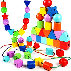Atoylink 42PCS Lacing Beads Montessori Toys for Toddlers Wooden Primary String Threading Beads Rainbow Lacing Toy Preschool Fine Motor Skills Educational Toy for 3 4 5 6 7 8 Years Old Kids Boys Girls