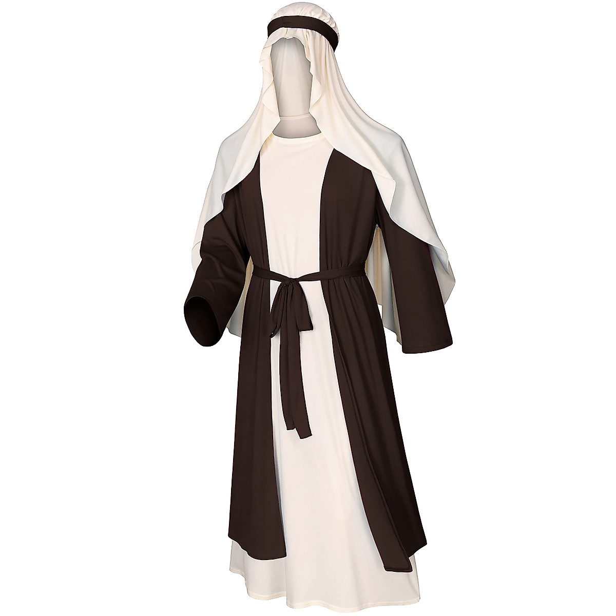 Irtysh Mens Biblical Saint Joseph Costume Jesus Robe Sherherd Costume Staffs Headwrap Hat Waist Rope Set(Brown M)