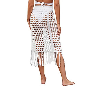 Solid Skirt Beach Sexy Hollow Fringed Color Knitted Summer Split Ripped Women's Skirt Skirt Sequin Skirts for Women Pencil (White, XL)