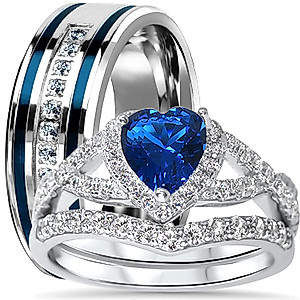 LaRaso & Co His Hers Sterling Blue Sapphire CZ Bridal Wedding Band Engagement Ring Set Him Her Thin Blue Line