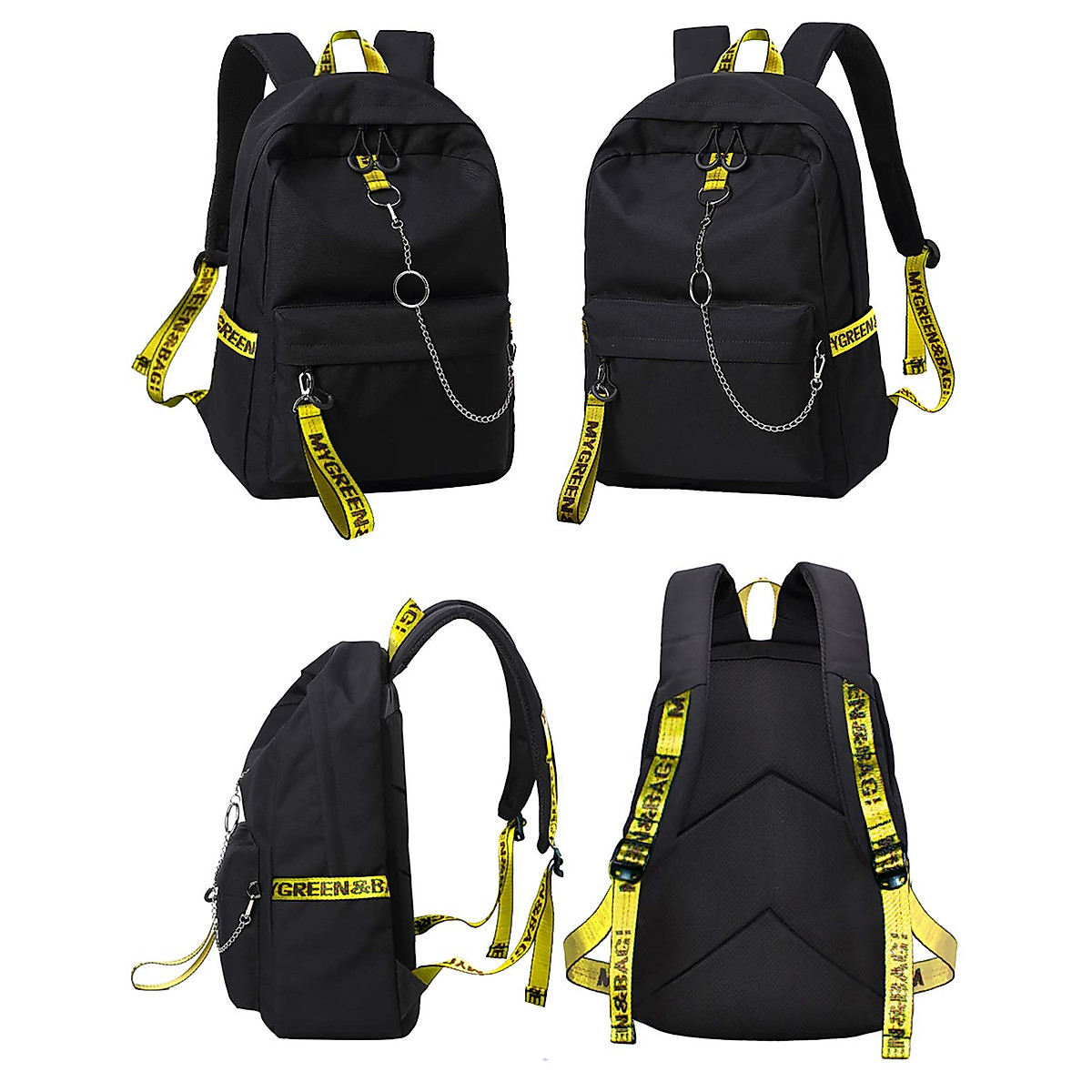 El-fmly Fashion Backpack with USB Charging Port for Travel Lightweight School Bookbags with Cute Letters Strap for Teenage Girls & Children (Black+Pink)