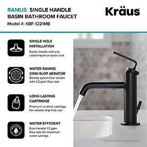 KRAUS Ramus Single Handle Bathroom Sink Faucet with Lift Rod Drain in Matte Black, KBF-1221MB