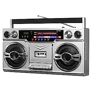 Victrola 1980s Retro Bluetooth Boombox with Cassette Player and AM/FM Radio, Wired and Wireless Streaming, Classic 80s Style with Modern Technology, Silver