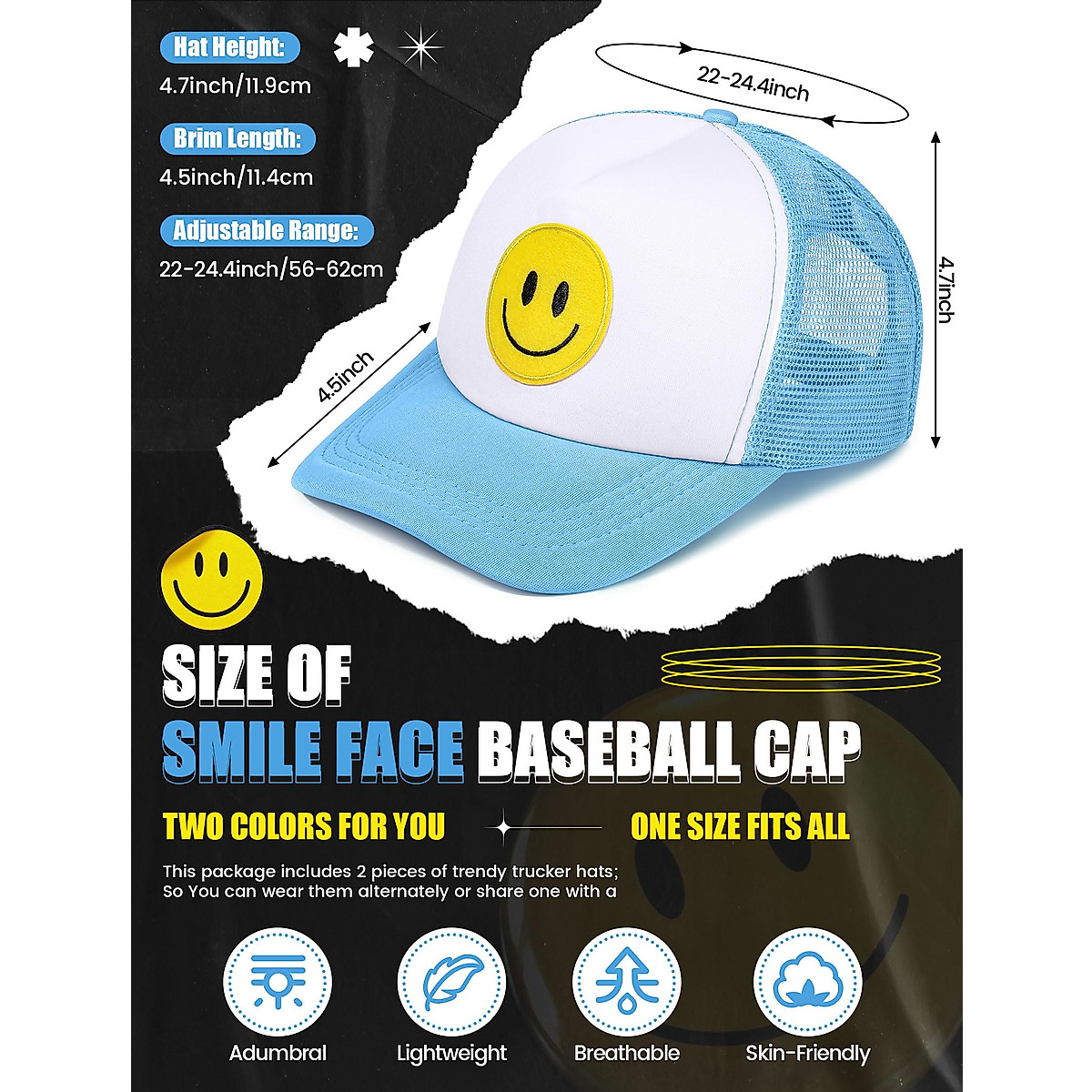 Cozypower 2 Pcs Smile Face Baseball Cap Smile Trucker Hat Mesh Adjustable Baseball Cap Retro Preppy Hats for Women(Blue, Pink, White)