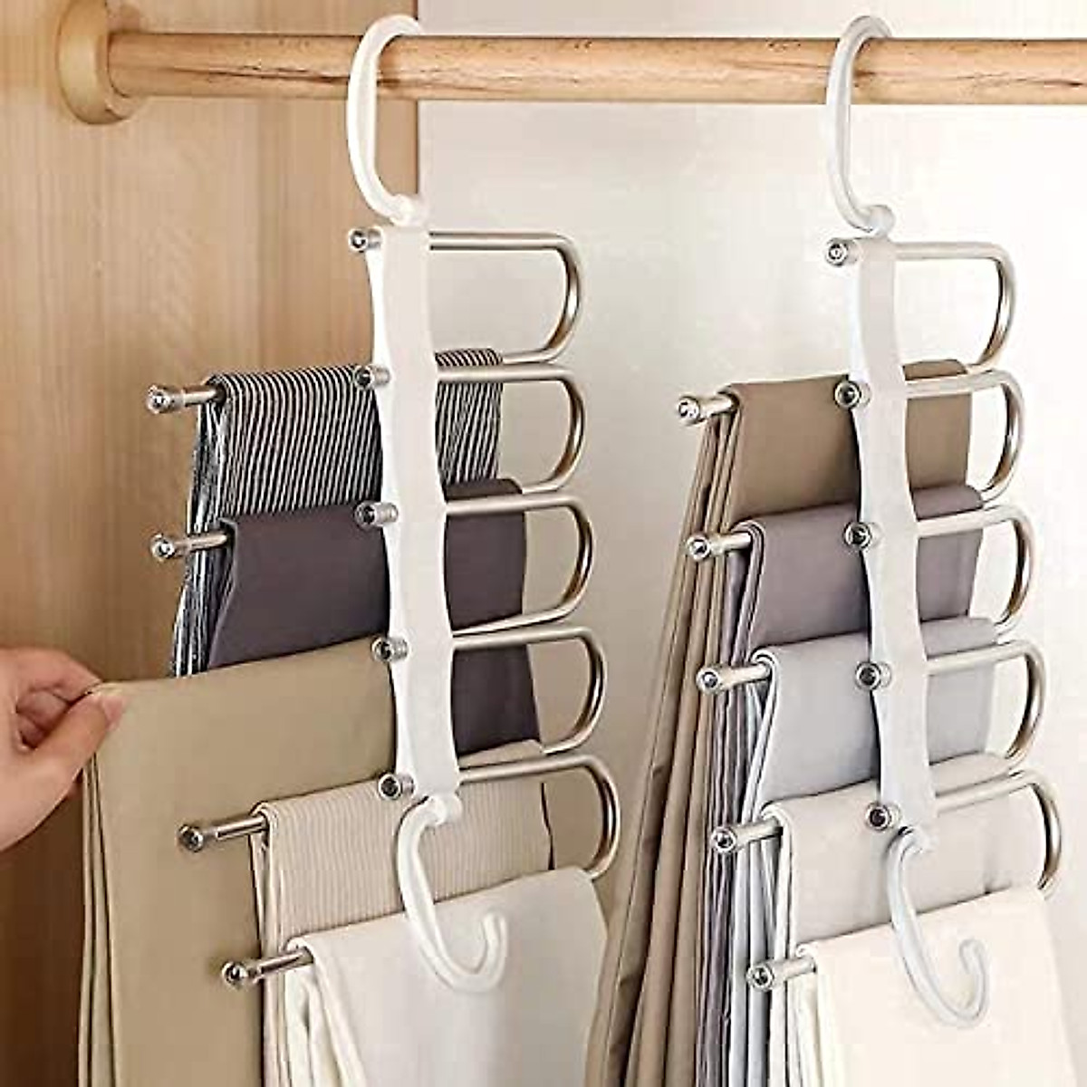 [Upgrade] Magic Pants Hangers Space Saving - 2 Pack for Closet Multiple Layers Multifunctional Uses Rack Organizer for Trousers Scarves Slack (White, 2 Pack)
