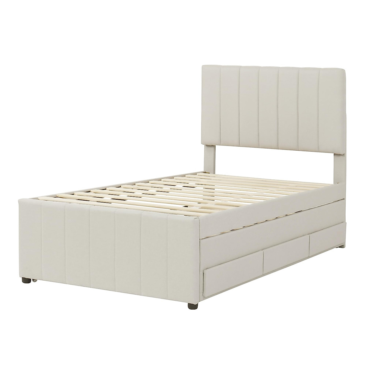 FANYHOME Upholstered Platform Bed, Twin Size Wooden Bed Frame with Pull-Out Twin Size Trundle and 3 Drawers, Wood Slat Support, No Box Spring Needed, Linen Fabric, Beige